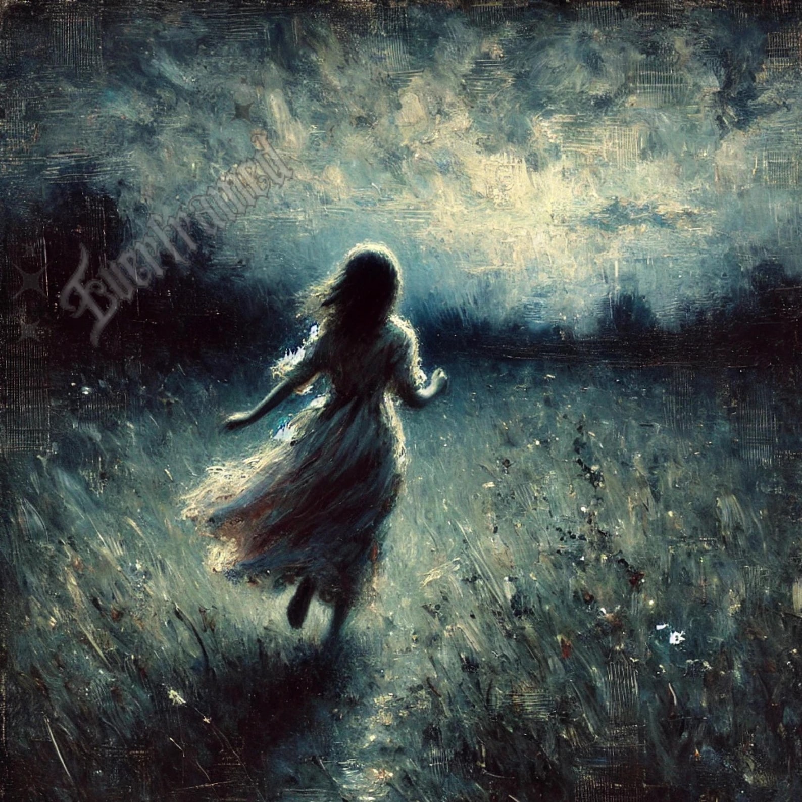 Girl Running in Field Art Print: Impressionist Landscape (digital ...