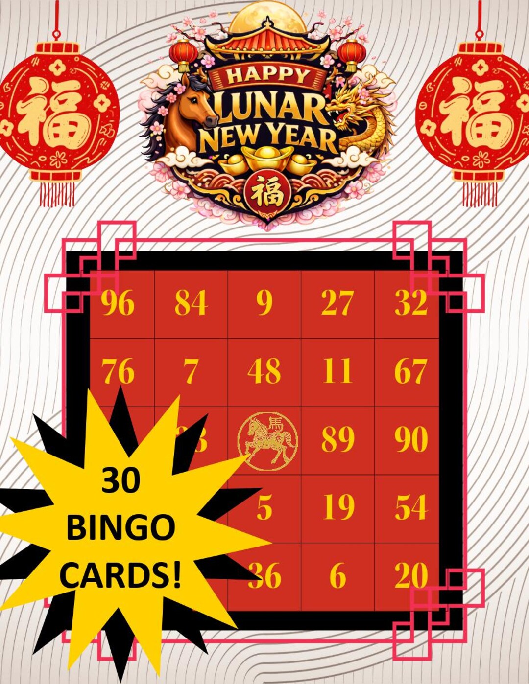 Lunar New Year Bingo Cards | Chinese New Year Bingo | Year of the Horse ...