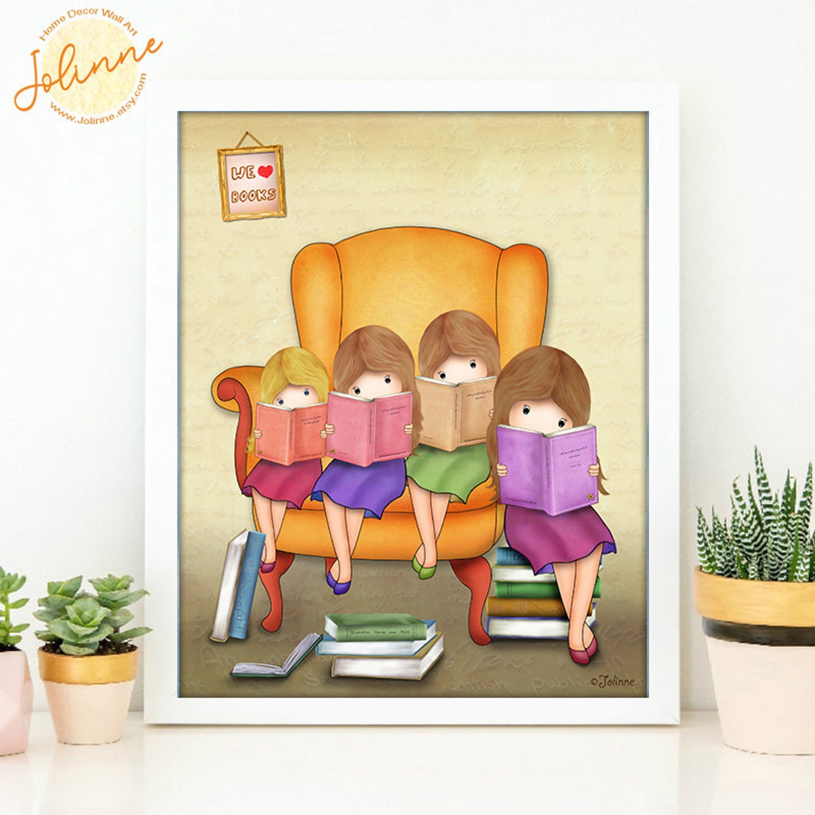 Four Sisters Reading Art Print, Custom Girls Room Decor - Etsy