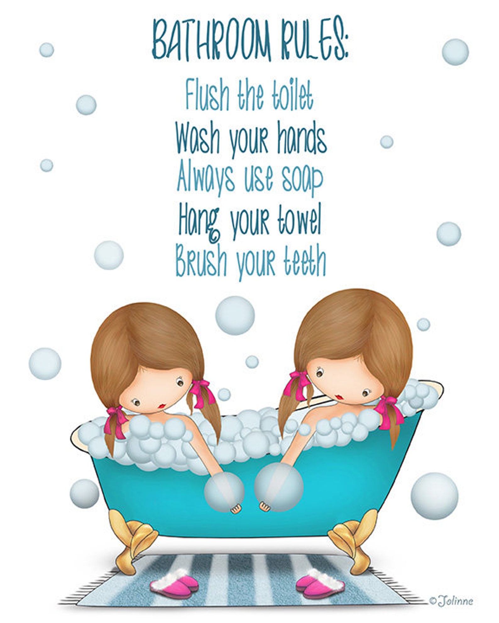 Kids Bathroom Rules Canvas Art, Sisters Bath Decor, Teal Artwork - Etsy