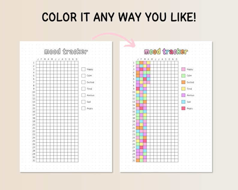 Mood Tracker Printable, Printable Journal Tracker, Bullet Journal Page ...