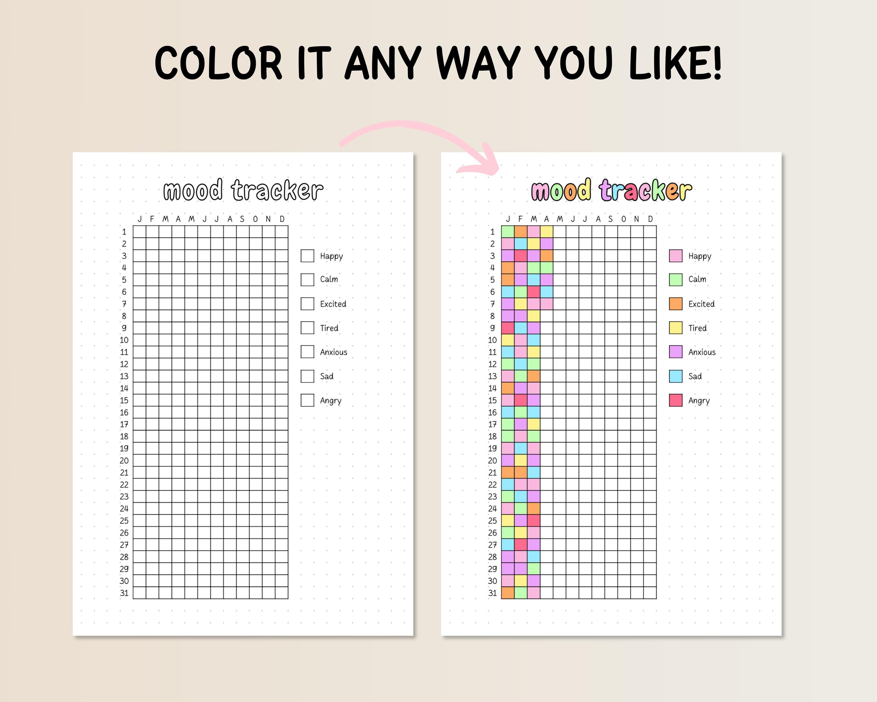 Mood Tracker Printable, Printable Journal Tracker, Bullet Journal Page ...
