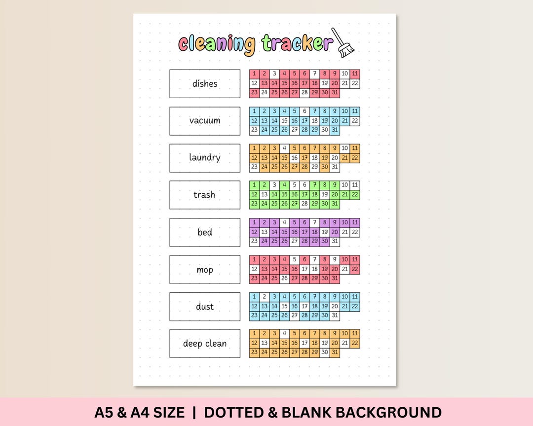 Cleaning Tracker Printable, Monthly Cleaning Tracker, Cleaning List ...