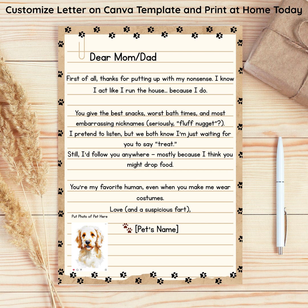 Funny Pet Letter: Custom Watercolor Pet Portrait, Editable Canva ...