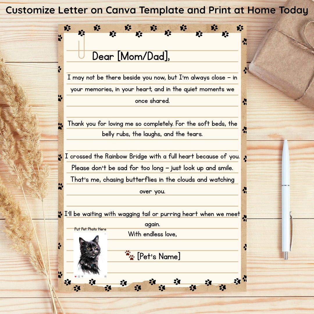 Custom Pet Memorial Letter Canva Template, Digital Download for Pet ...
