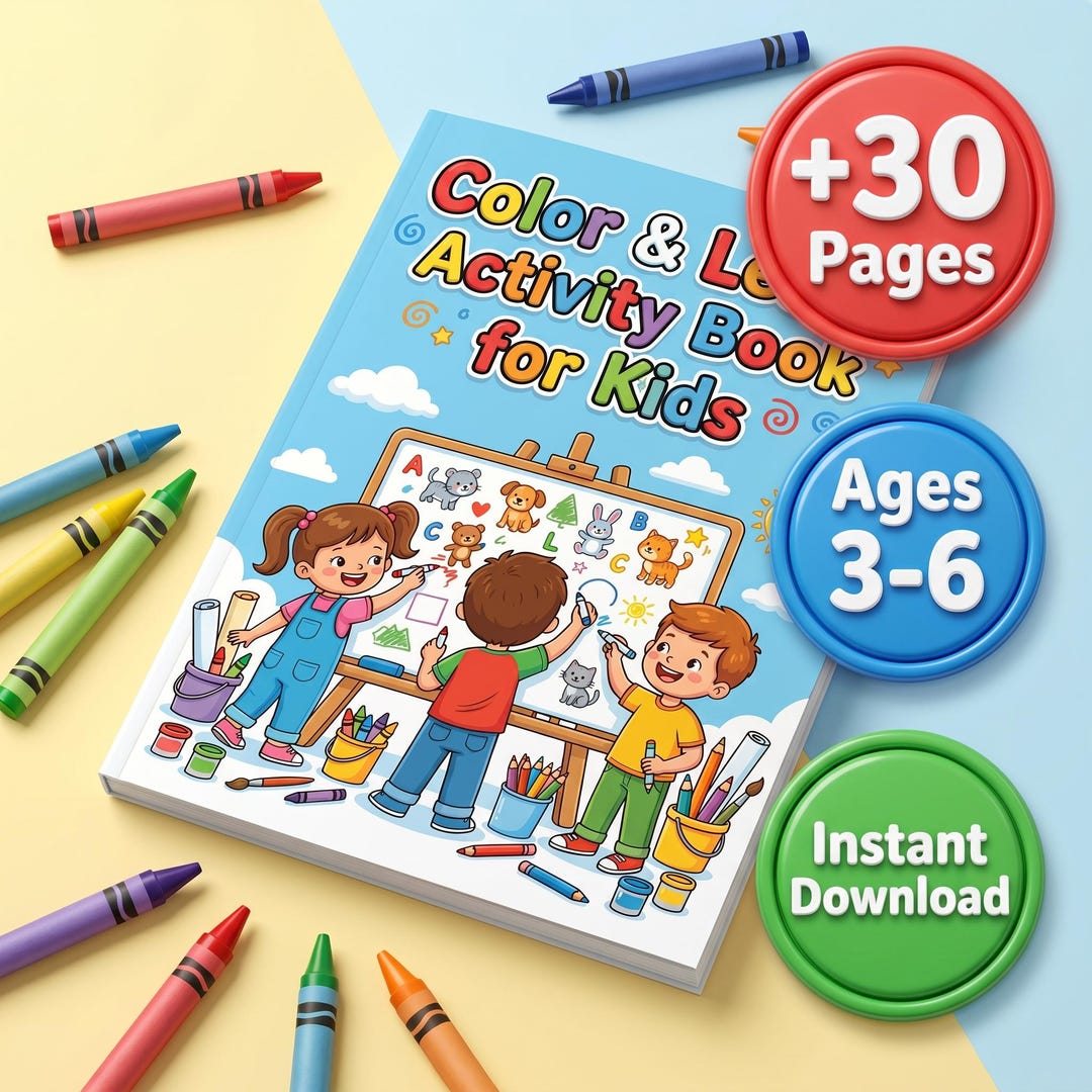 Printable Kids Activity Book , 30+ Pages, Trace & Color, Match and ...