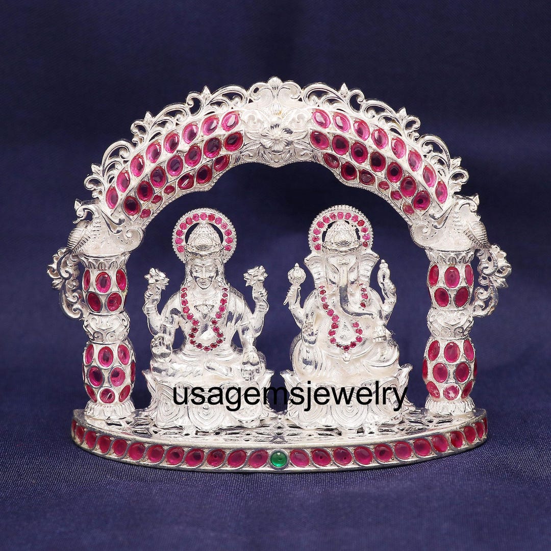 Silver Lakshmi Ganesh Idol With Ruby Stone Arch - Hindu Puja Murti ...