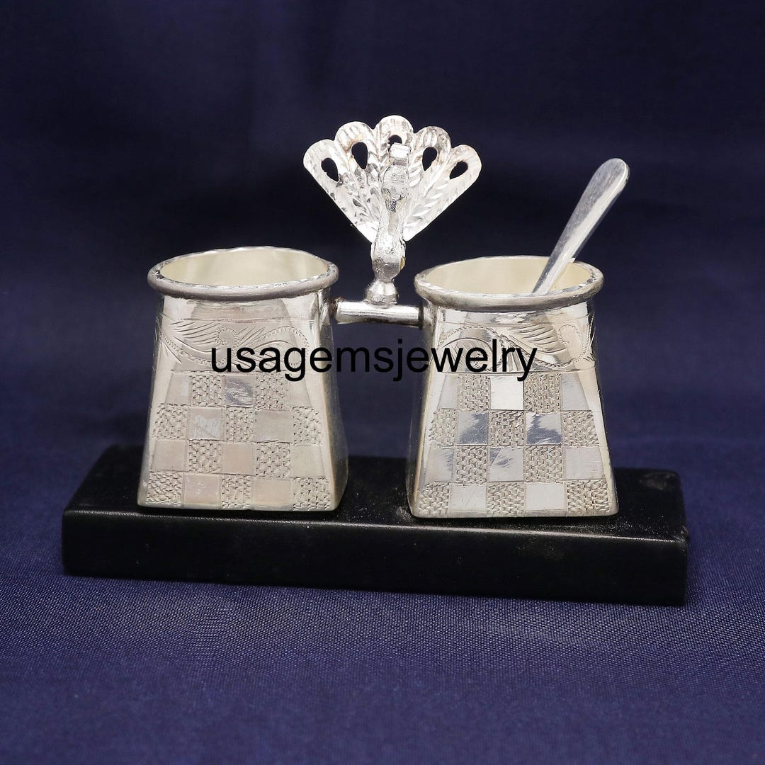 Vintage Silver Saunf Mishri Stand With Spoons - Peacock Handle Mouth ...
