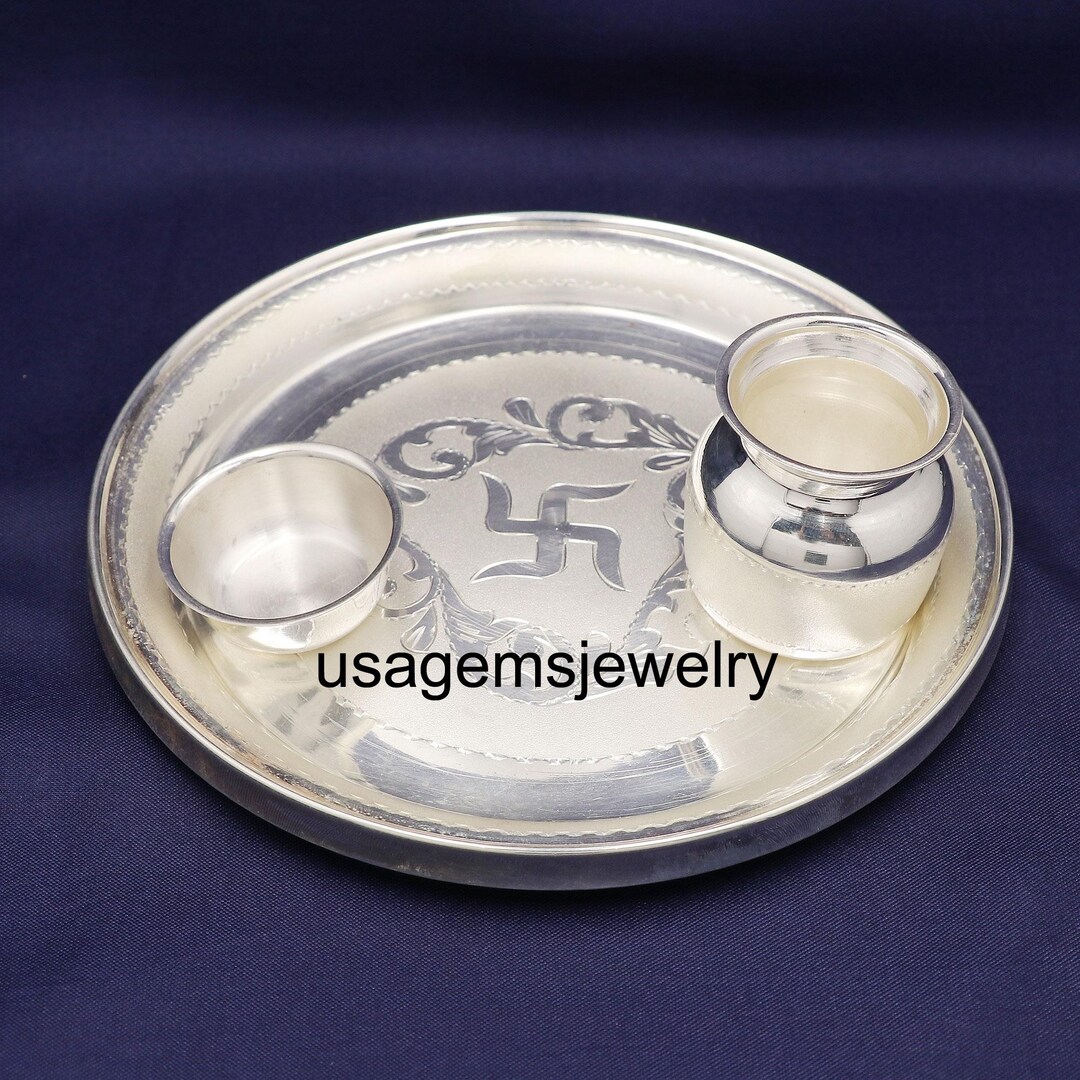 Silver Pooja Thali Set With Kalash & Bowl | Swastik Engraved Puja Plate ...
