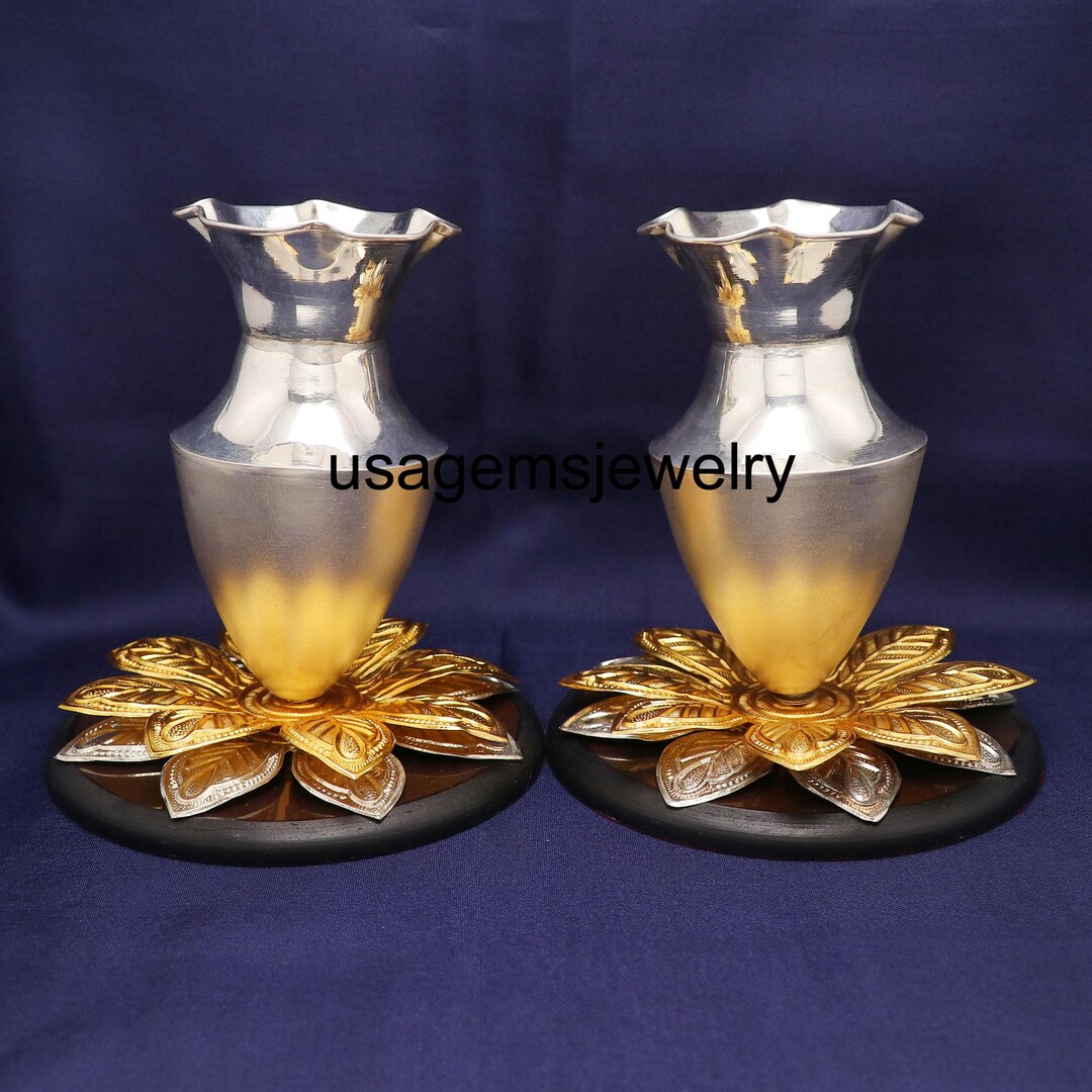 Pure Silver Flower Vase Pair | Silver Kalash With Lotus Base | Hindu ...