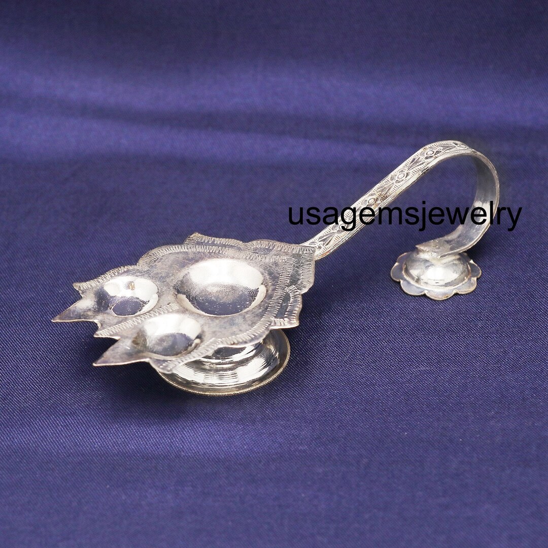 Handcrafted Silver Triple Wick Pooja Diya With Engraved Curved Handle ...