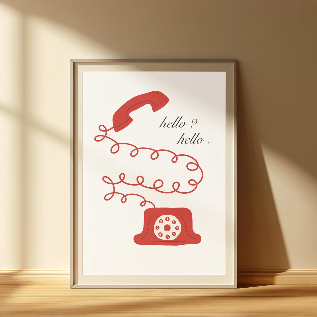Vintage Red Telephone Poster, Hand Drawn Art Print, Retro Wall Art ...