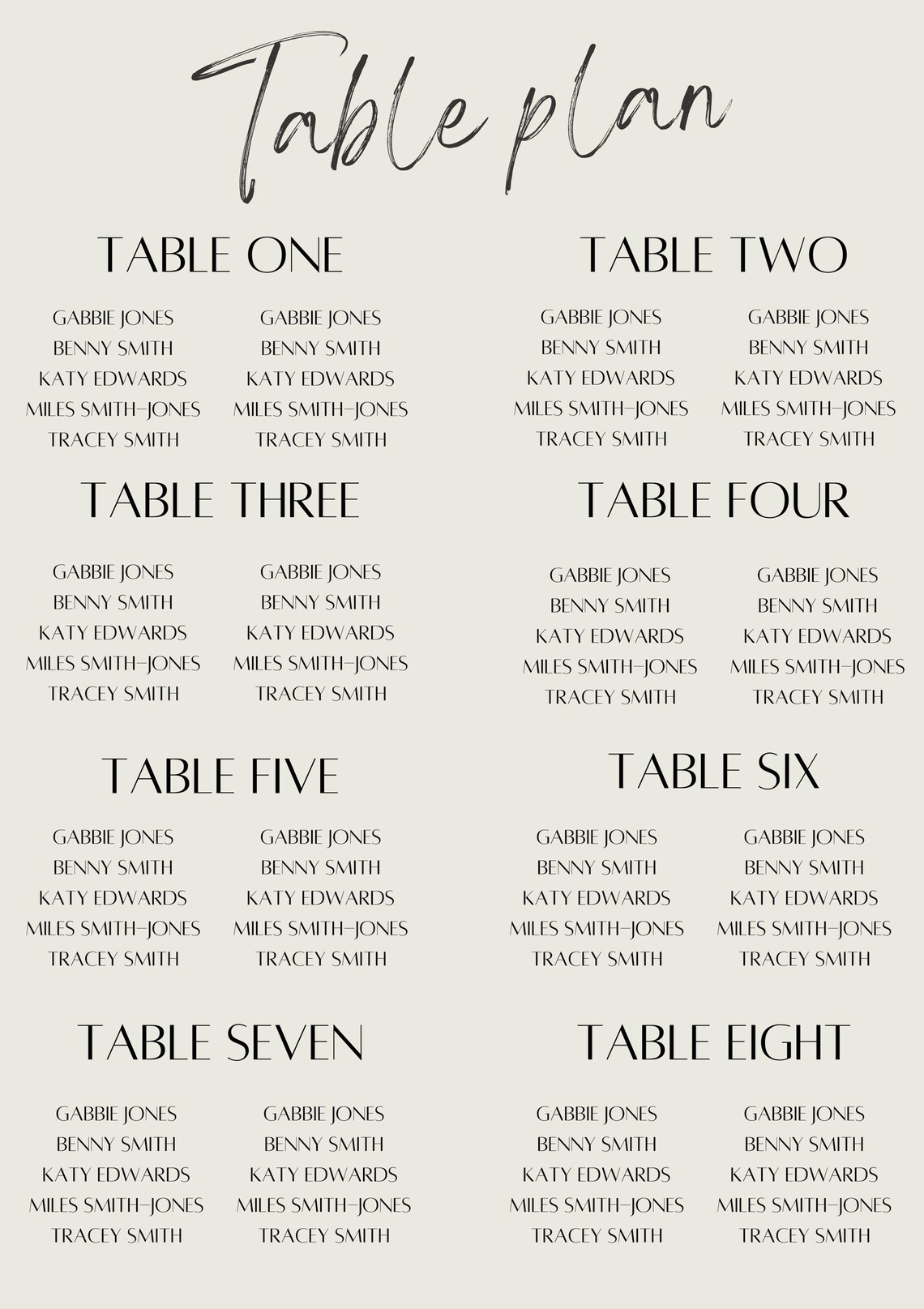 Simple Table Plan Template, Customizable - Etsy