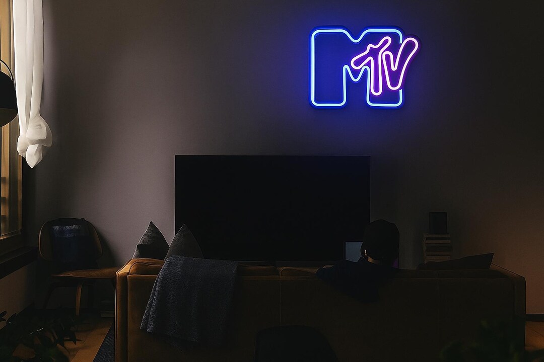 MTV LED Neon Sign | Retro Wall Light 30x24cm | Vibrant Blue & Pink LED ...