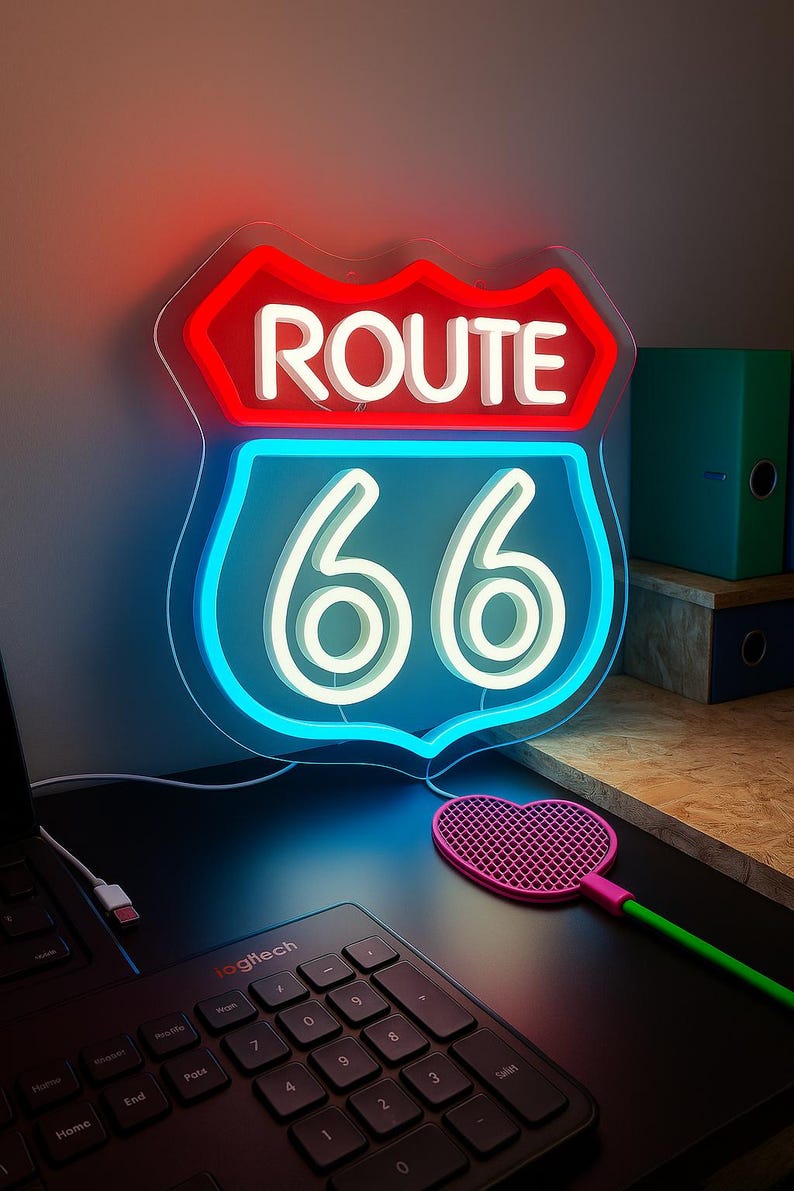 Vintage Route 66 LED Neon Sign Wall Decor – Glowing Retro Highway Shield Light for Bedroom, Gift ...