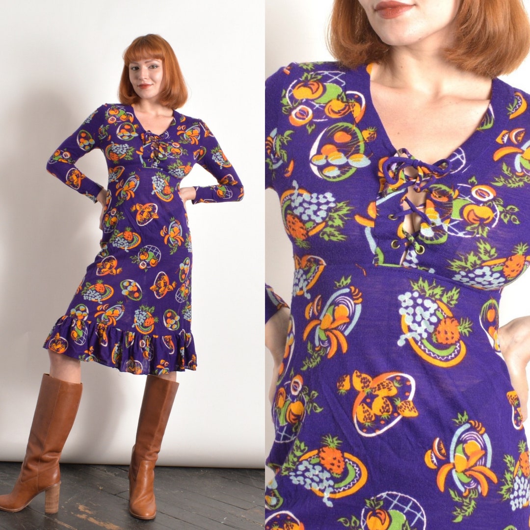 Vintage 1970s Dress / 70s Fruit Print Lace up Dress / Purple Small S - Etsy
