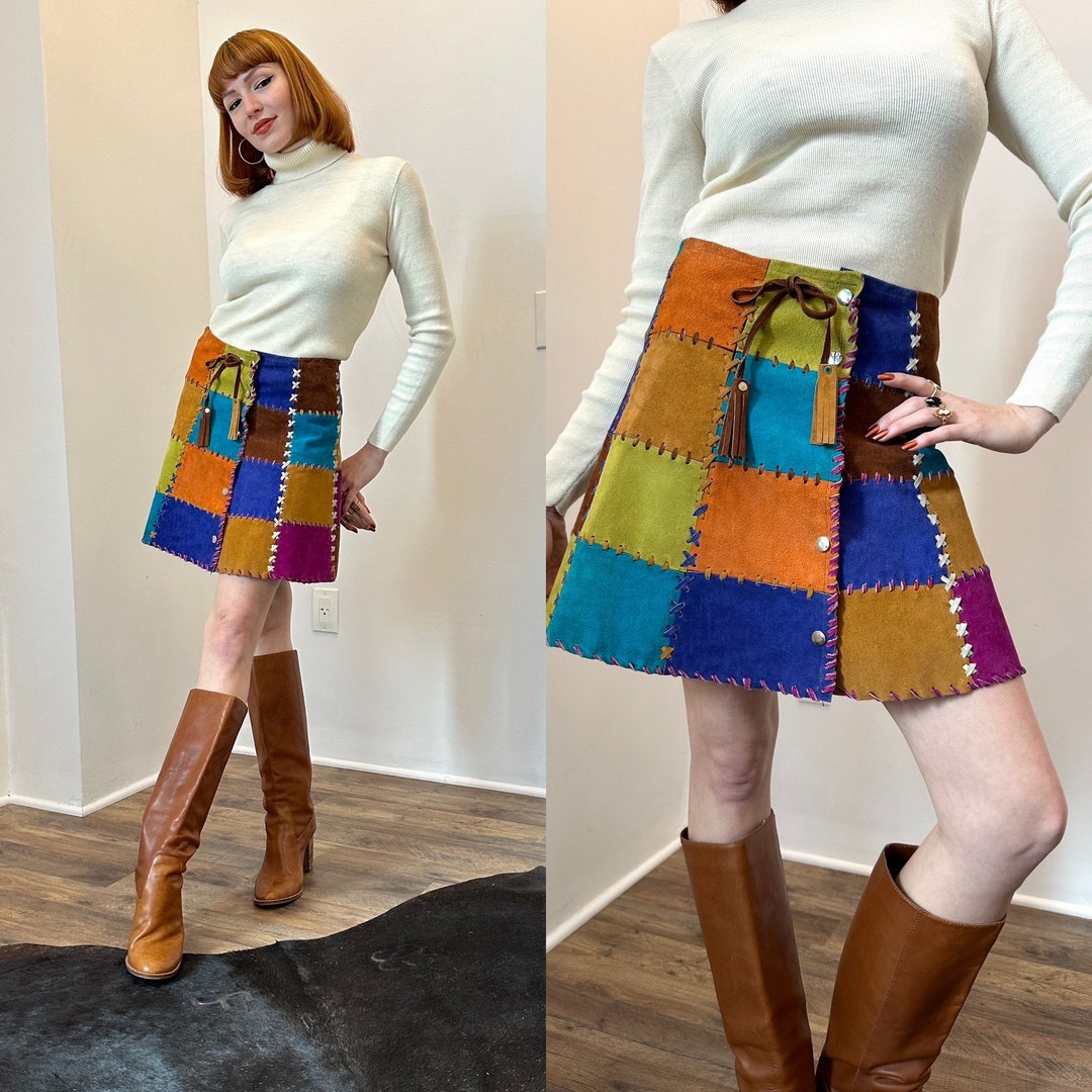 Vintage 1970s Skirt / 70s Suede Patchwork Mini Skirt / Blue - Etsy