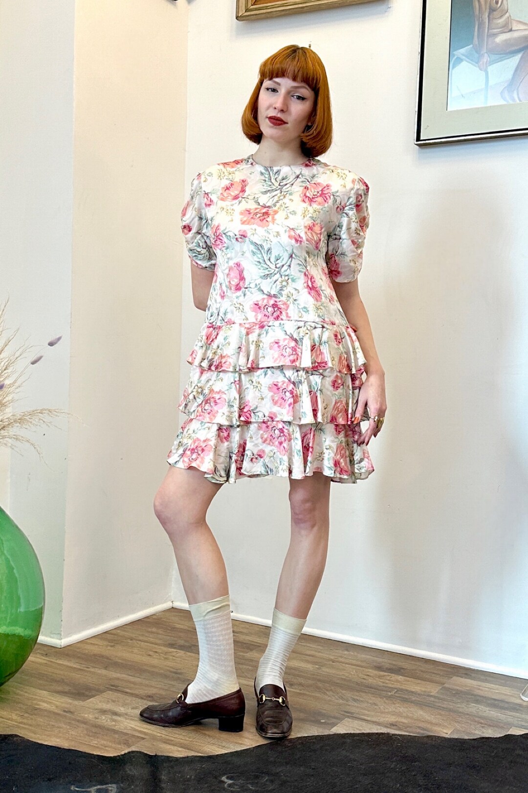 Vintage 1980s Dress / 80s Ruffled Silk Floral Mini Dress / Pink Green ...