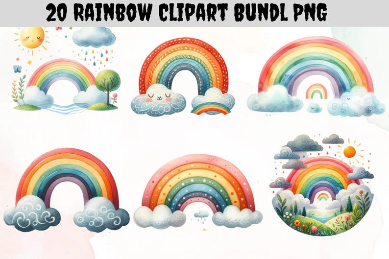 Rainbow Clipart Bundle – 20 PNG Set, Colorful Kawaii Clip Art, Cute ...