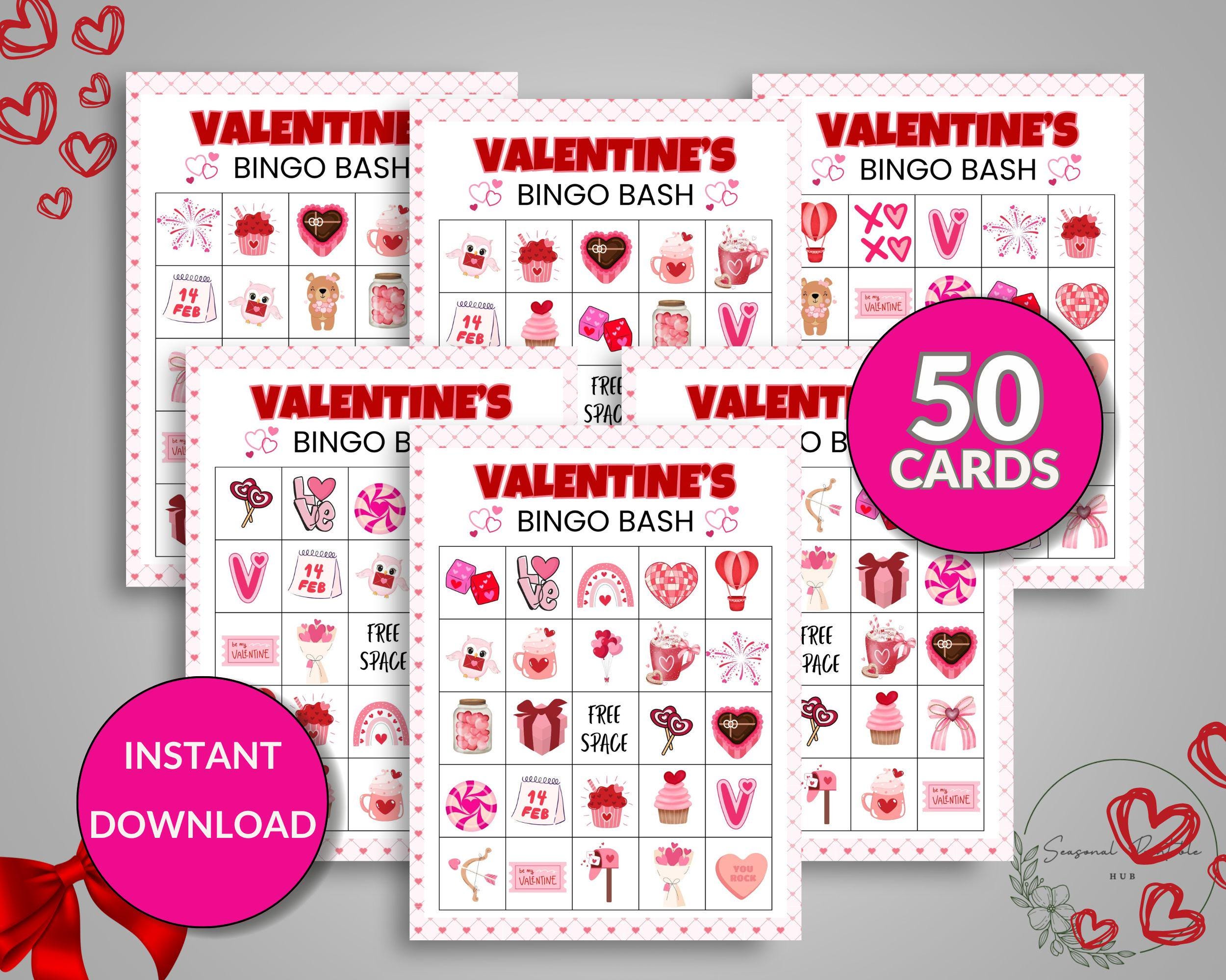 Valentine's Day Bingo Game, 50 Printable Valentine's Day Bingo Cards ...