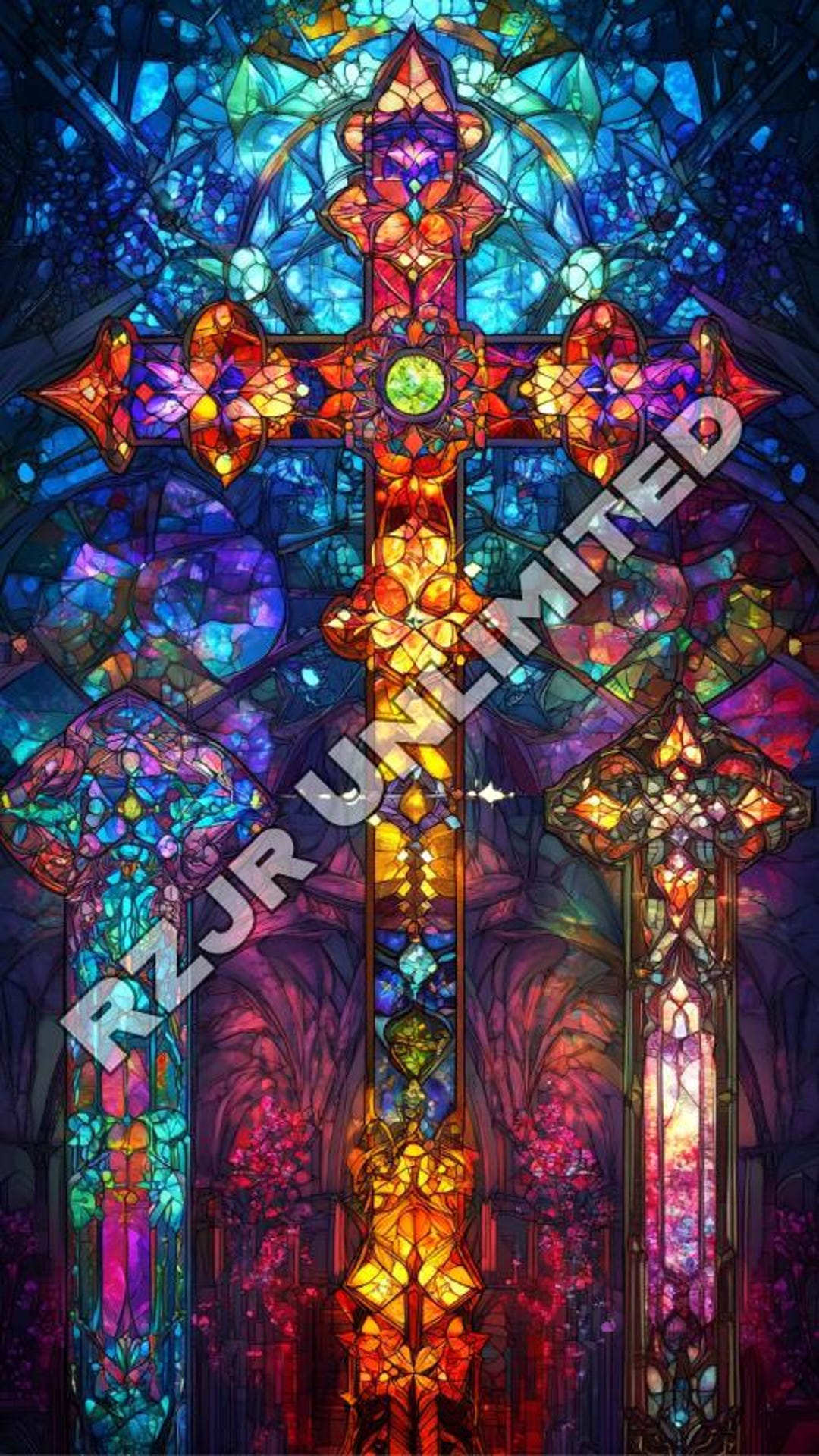 Stained Glass Cross Digital Art Set – Vibrant Religious Wall Art ...