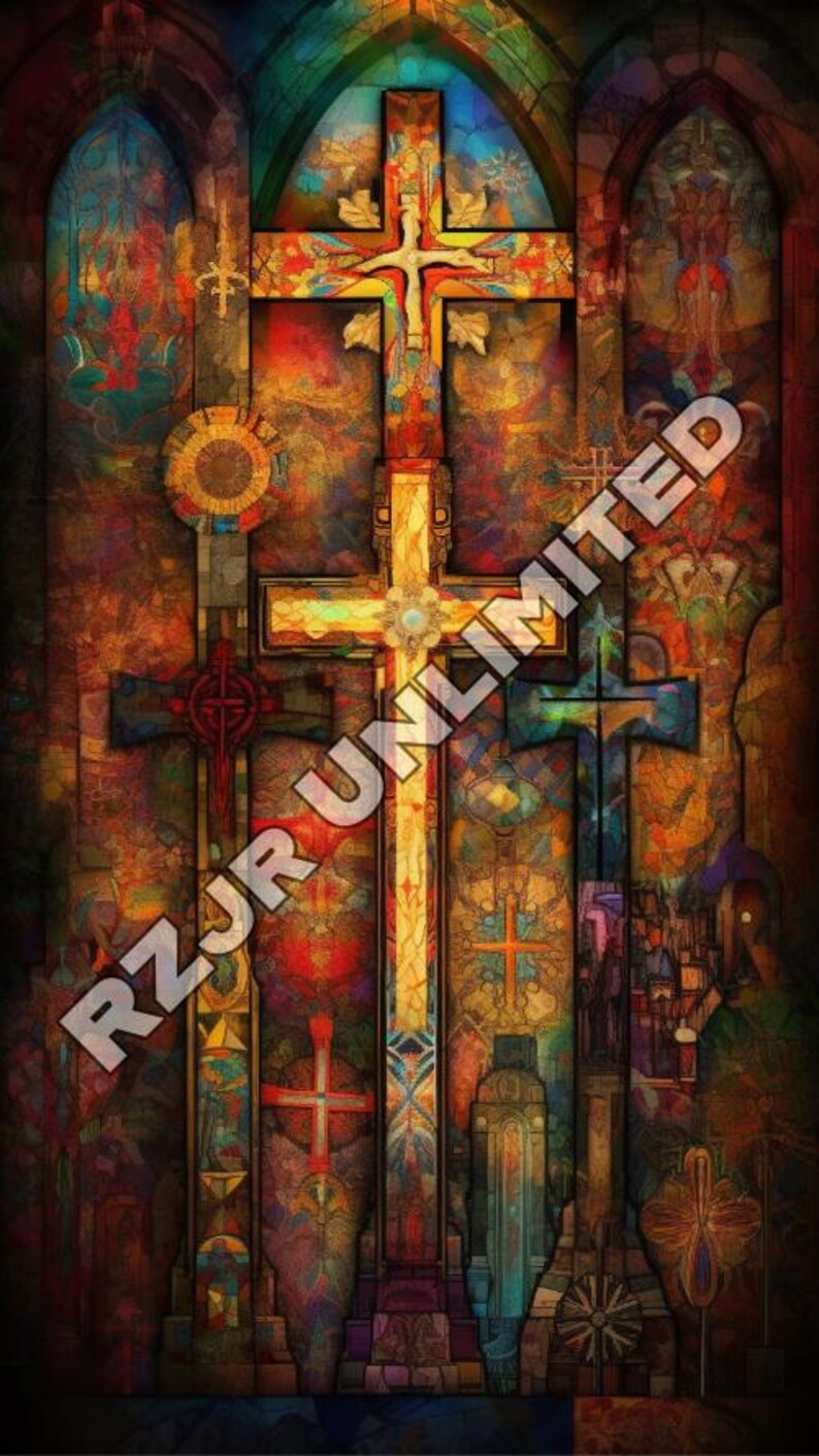 Radiant Stained Glass Cross Digital Art – Set of 2 | Vibrant Christian ...