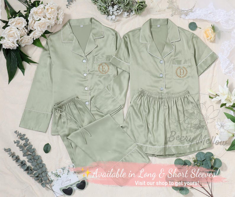 Long Sleeve Satin Bridal Pajamas Set, Personalized Bridesmaid Pjs ...