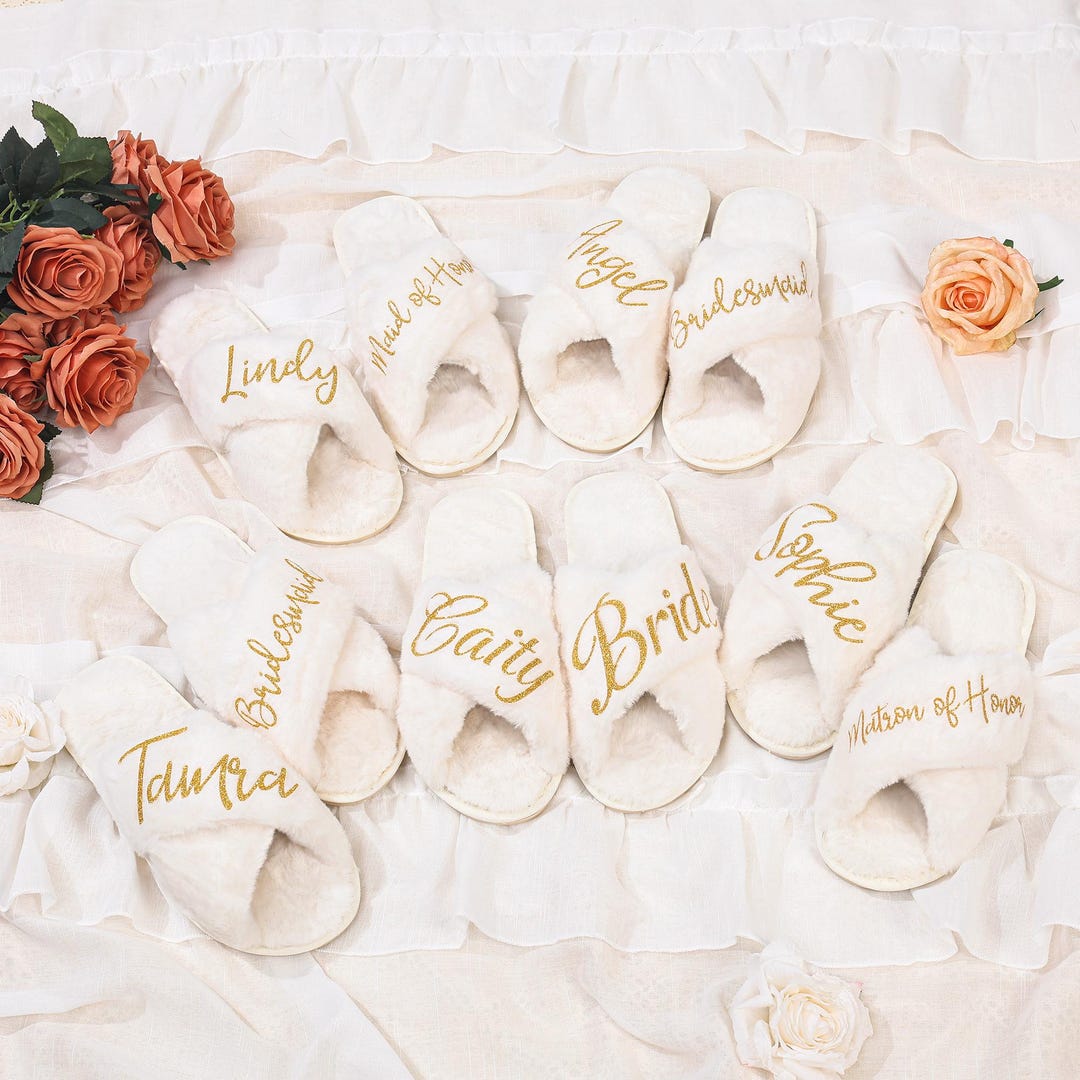 Personalized Bridesmaid Fluffy Slippers, Custom Bride Slippers, Bridal ...