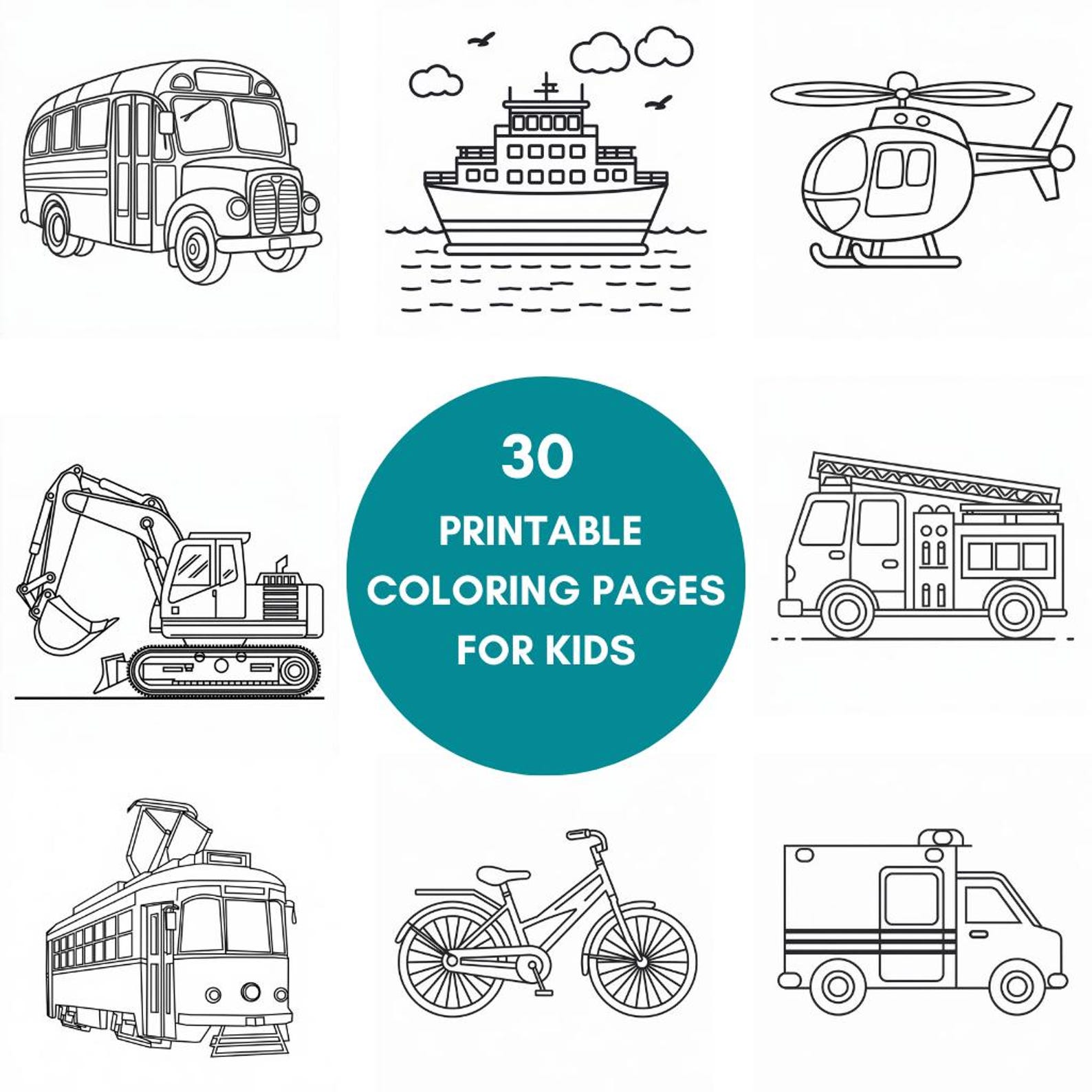 Vehicles Coloring Book for Kids: 30 Printable Pages (PDF A4 Digital ...