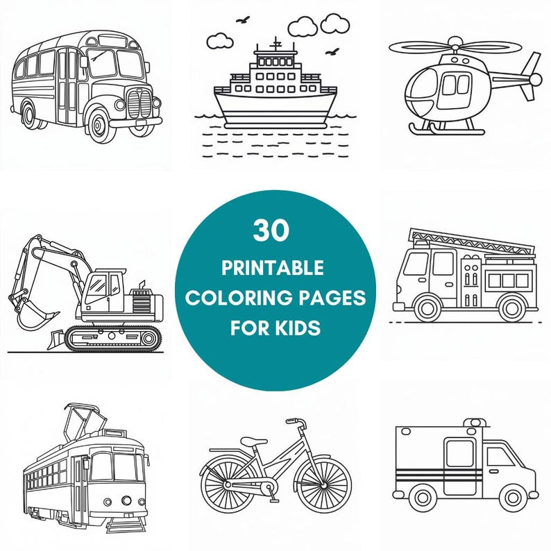 Vehicles Coloring Book for Kids - 30 Printable Pages for Preschoolers ...