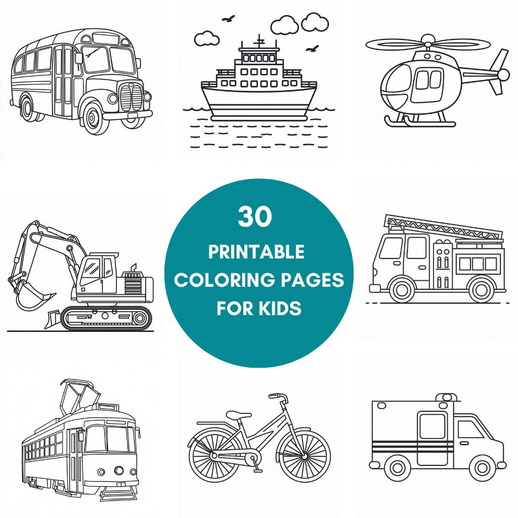 Vehicles Coloring Book for Kids: 30 Printable Pages (PDF A4 Digital ...