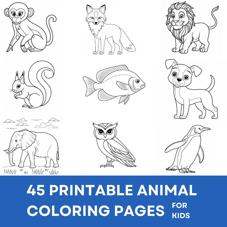 Animals Coloring Book: 45 Printable Pages for Kids (PDF) - Etsy