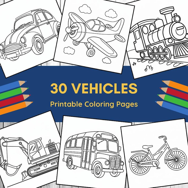 Vehicles Coloring Book for Kids: 30 Printable Pages (PDF A4 Digital ...