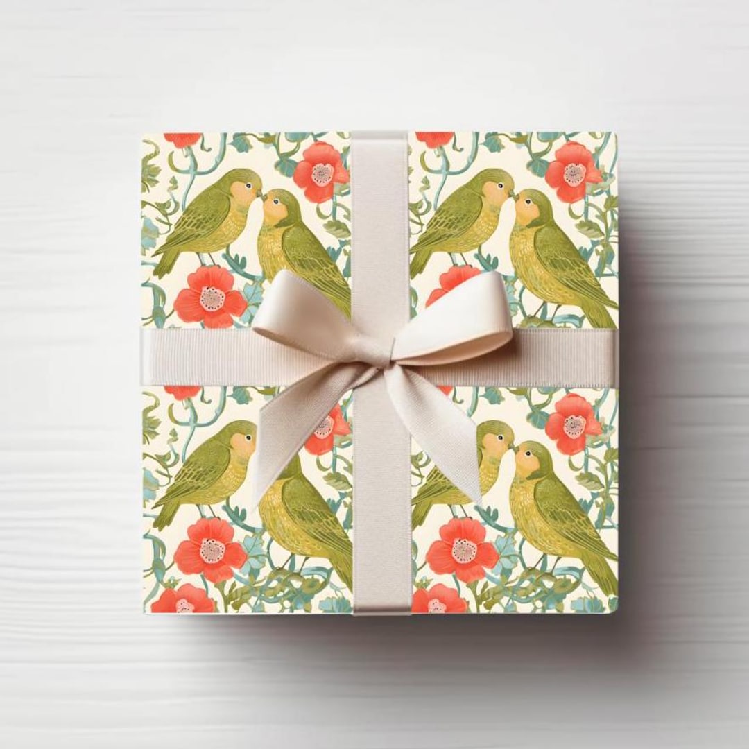 Lovebirds & Poppies Wrapping Paper: Vintage Botanical Gift Wrap - Etsy