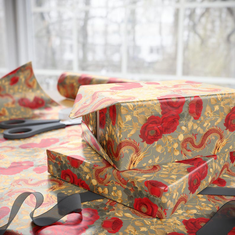 Double Dragons Red & Gold Lunar New Year Wrapping Paper Roll Chinese ...