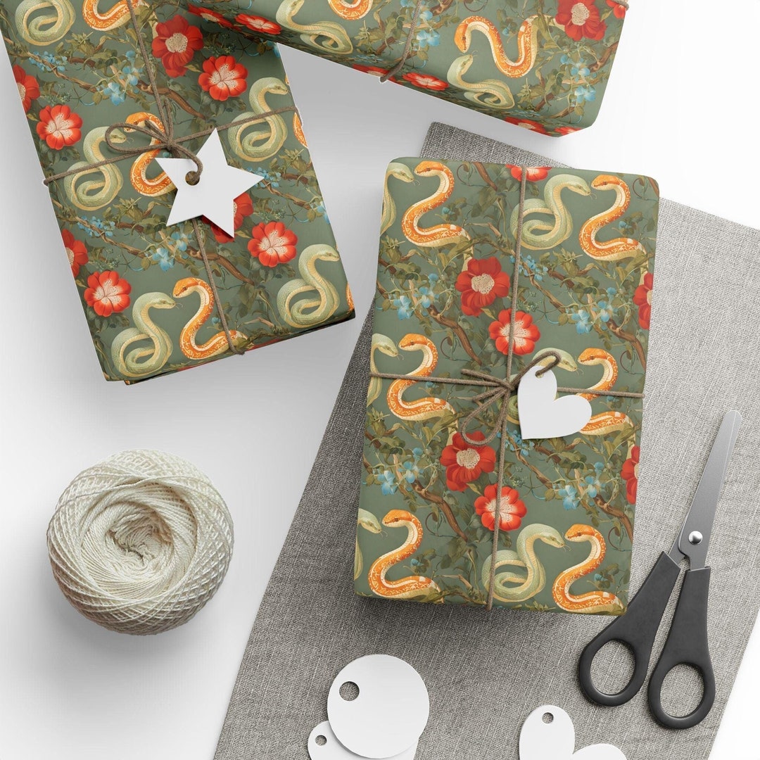 Vintage-inspired Wood Snakes Botanical Lunar New Year Wrapping Paper ...