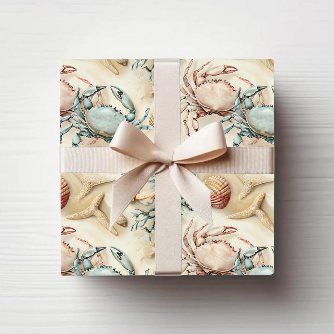 Blue & Pink Crabs and Seashells Wrapping Paper Roll, Premium Gift Wrap ...