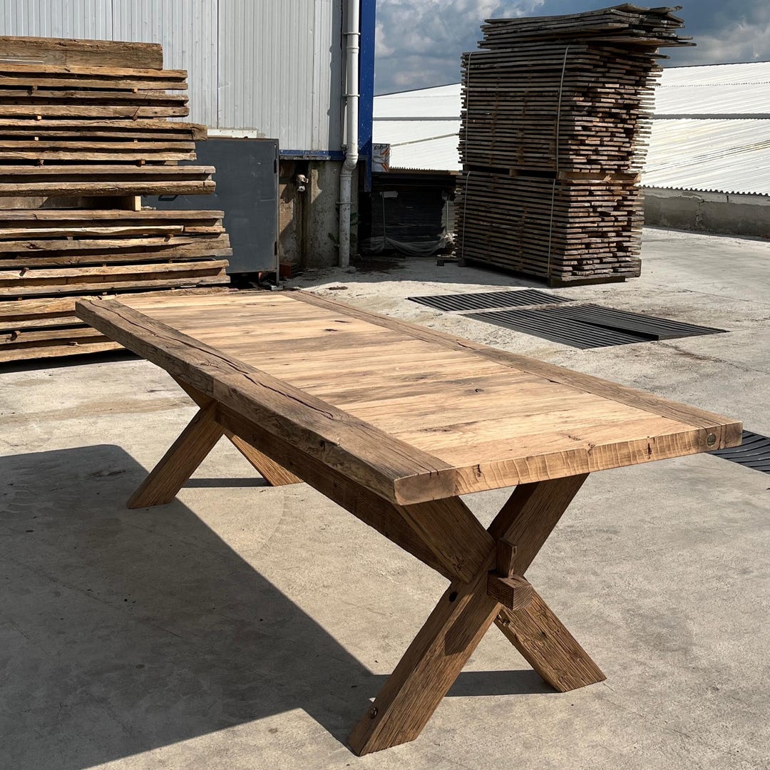 Reclaimed Oak Dining Table With X Legs, Rustic Farmhouse Table, Handmade Solid Wood Kitchen ...