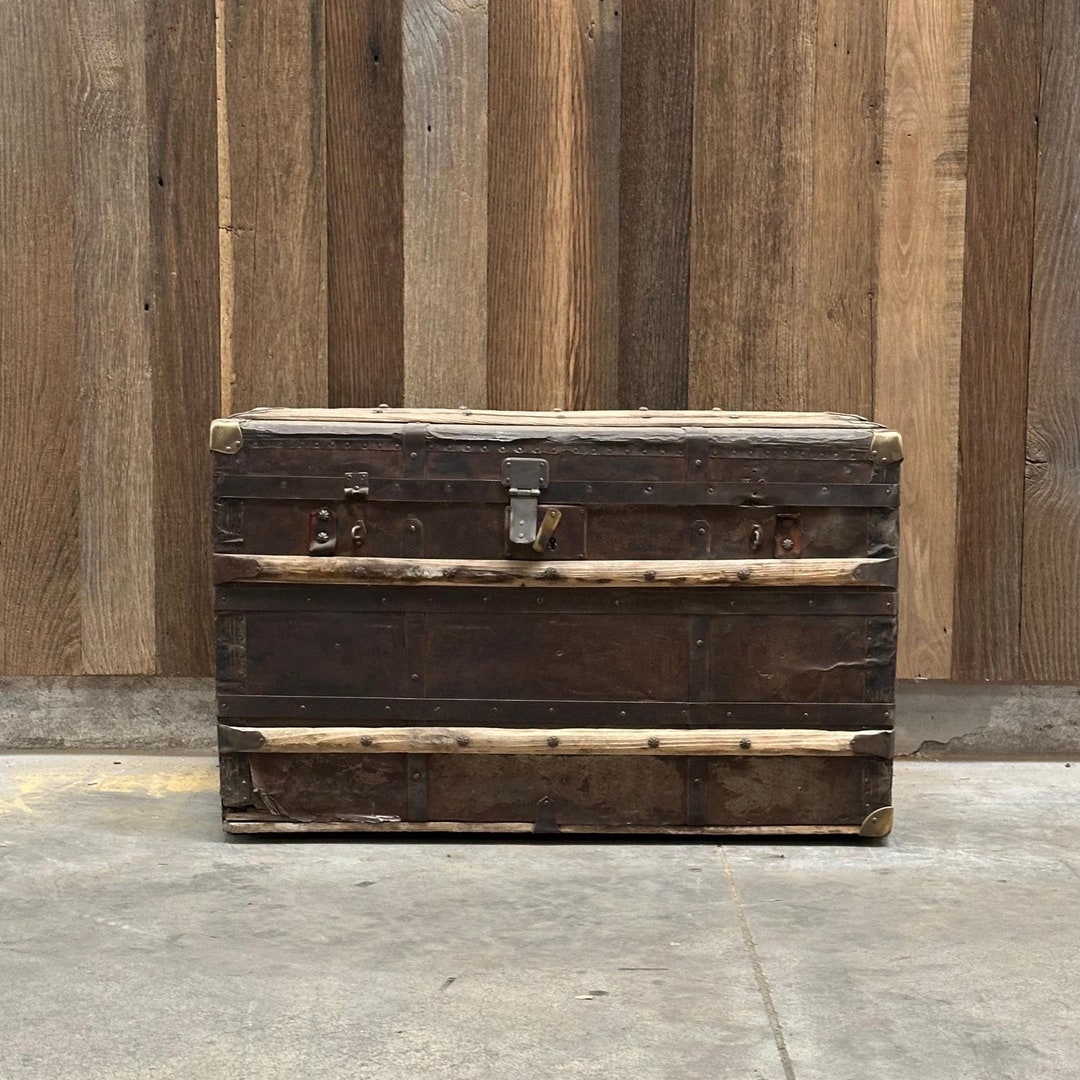 Antique Wooden Travel Trunk: Rustic Steamer Chest With Peacock Motif - Etsy