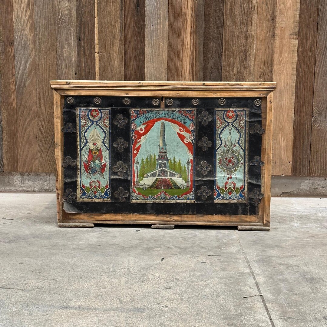 Antique Wooden Chest With Hand-painted Monument Design, Vintage Storage ...