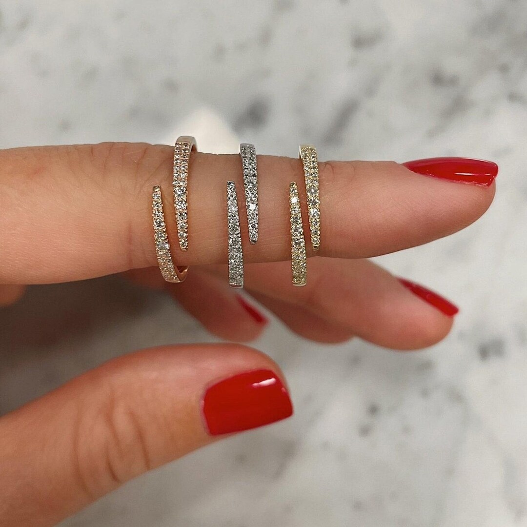 Open Wedding Band, 14K Wrap Diamond Ring, Spiral Solid Gold Ring, 0.3 ...