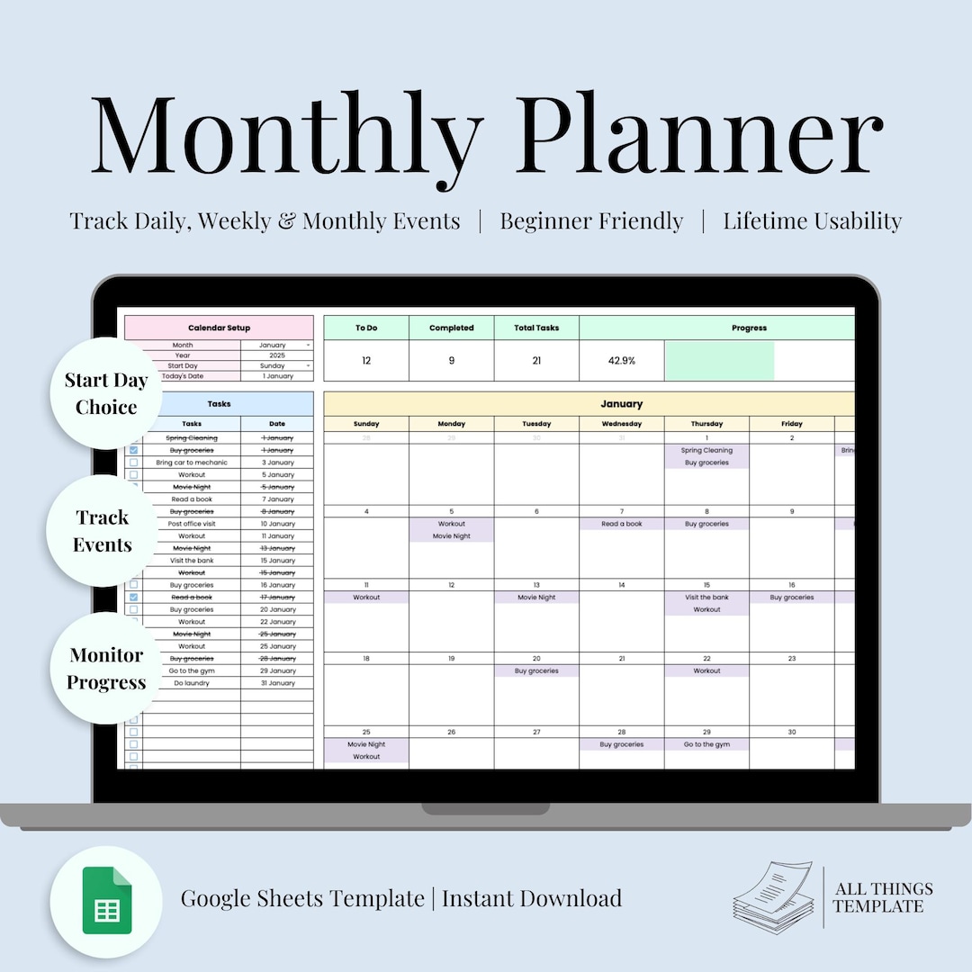 Monthly Planner | Monthly Calendar | Google Sheets | Sunday & Monday ...