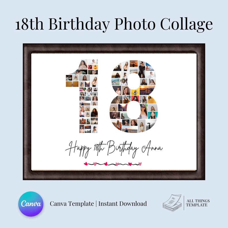 18th Birthday Photo Collage Template Canva | Number 18 Printable ...