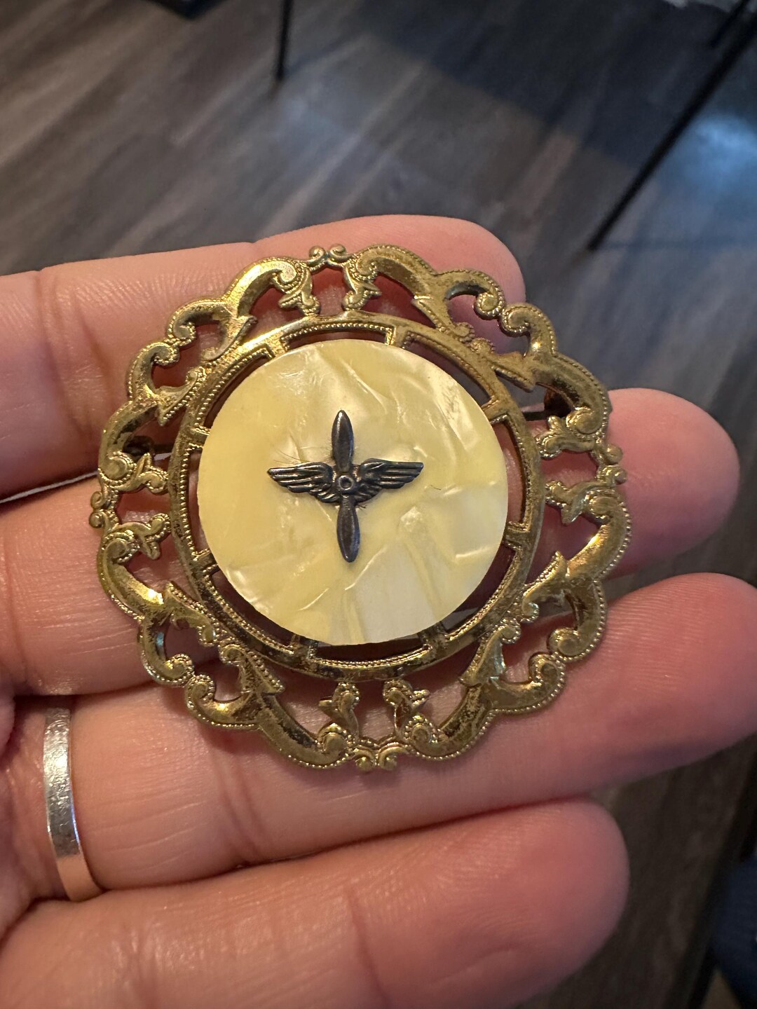Antique Aviation Pin~ Lucite or Celluloid Ornate Brooch Featuring Wings ...