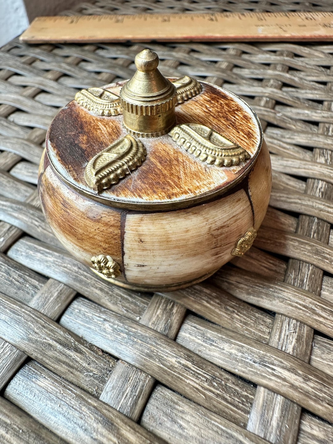 Beautiful Vintage Ethnic Small Round Ornate Bone and Brass Trinket Box ...
