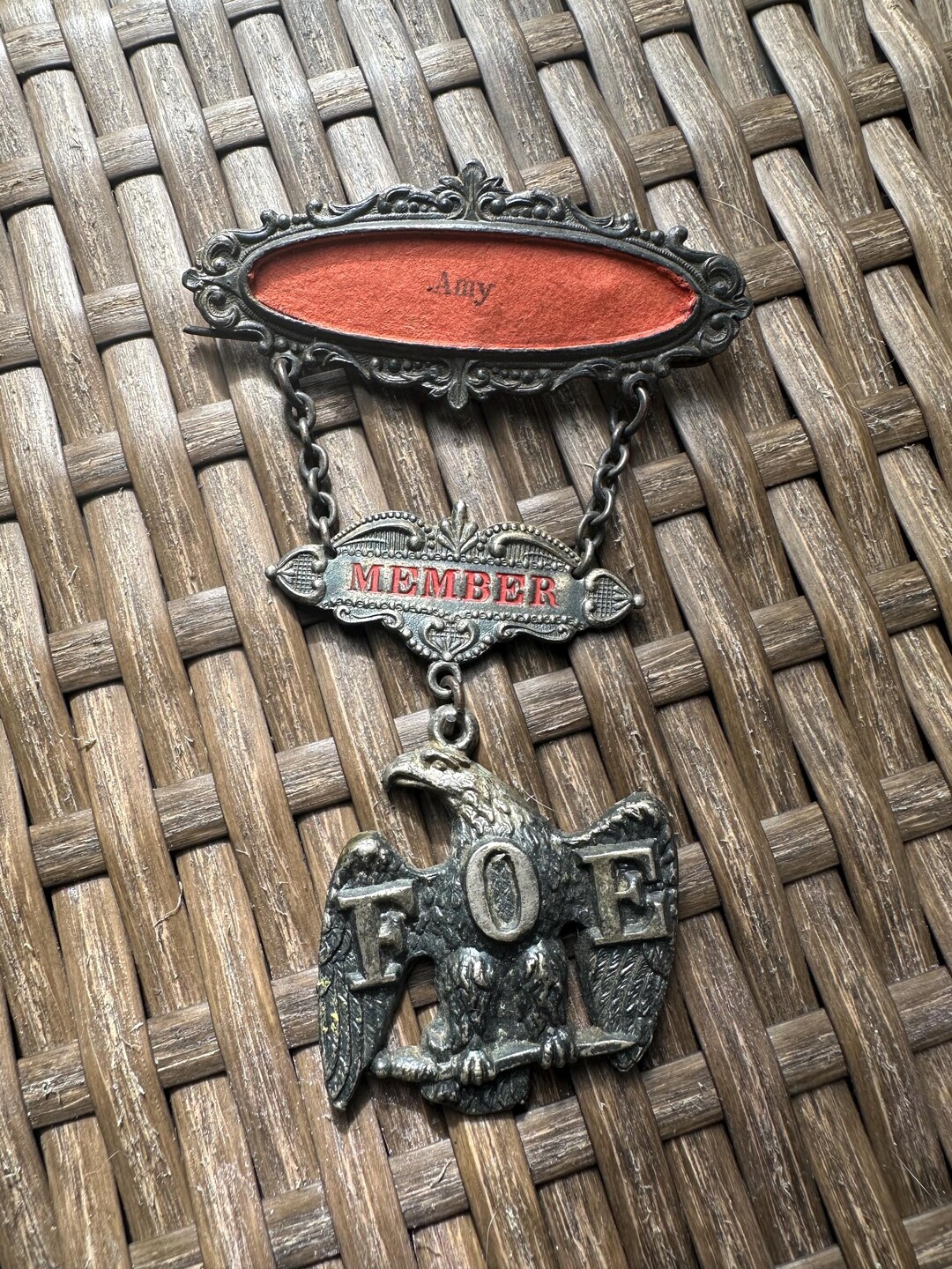 Antique Faternal Order of Eagles, Member Pin Badge Original Typed Name ...
