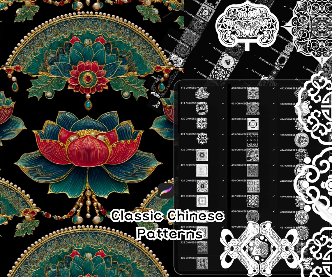 Procreate Chinese Pattern Brushes | Lotus, Crane ,batik | Traditional ...