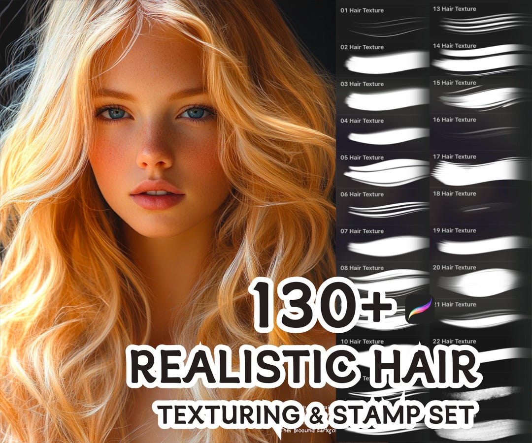 135 Realistic Hair Texturing and Hairstyle Stamp Set for Procreate ...