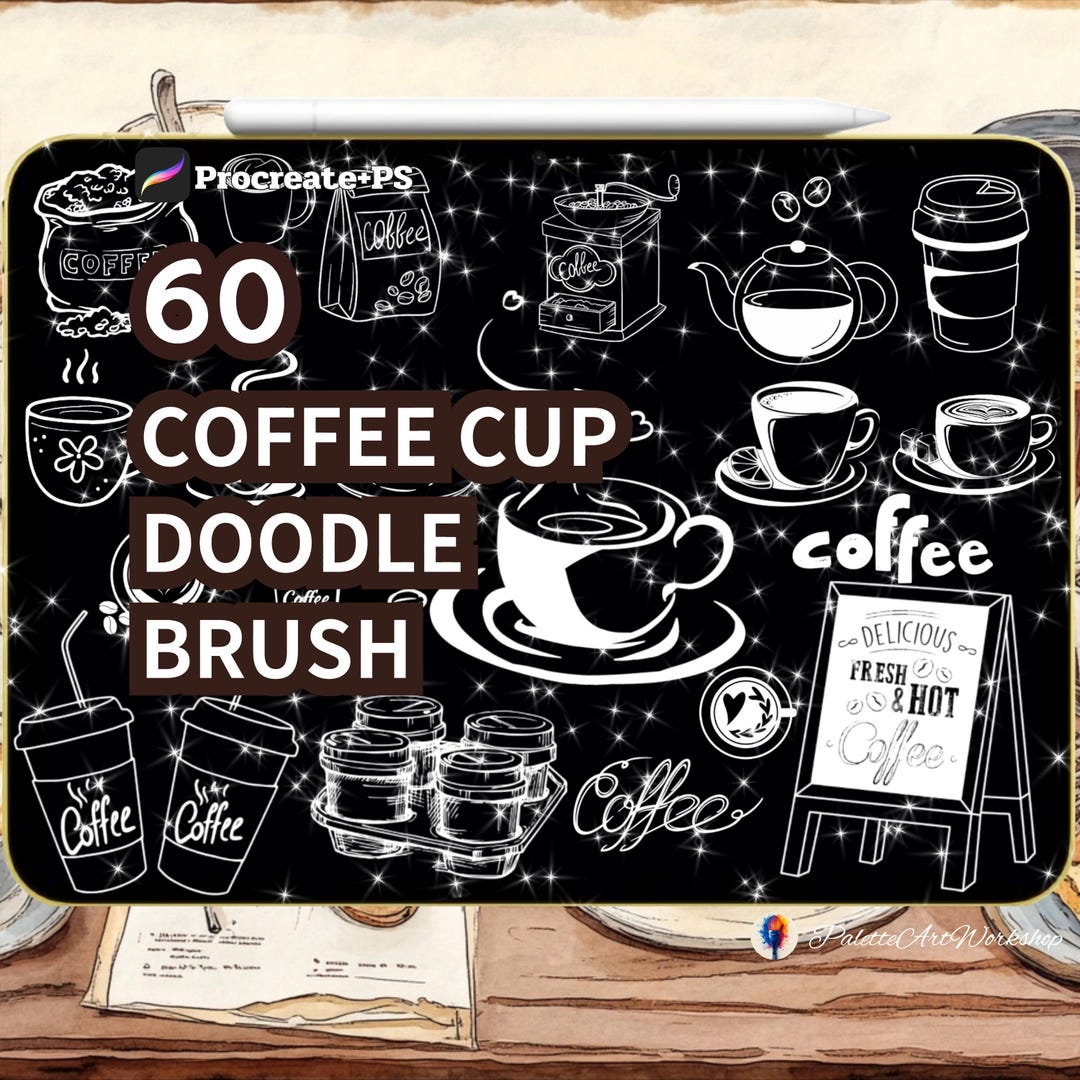 60 Coffee Doodles – Procreate Coffee Stamp, Hand-drawn Coffee Doodles ...