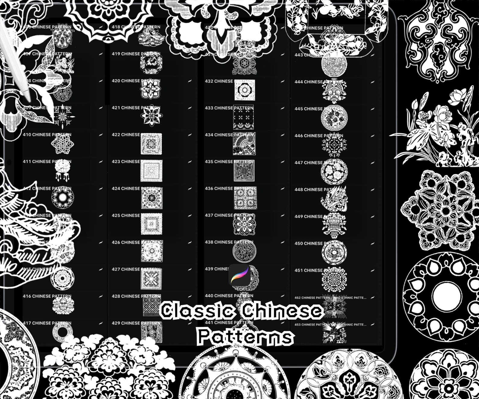 Procreate Chinese Pattern Brushes | Lotus, Crane ,batik | Traditional ...